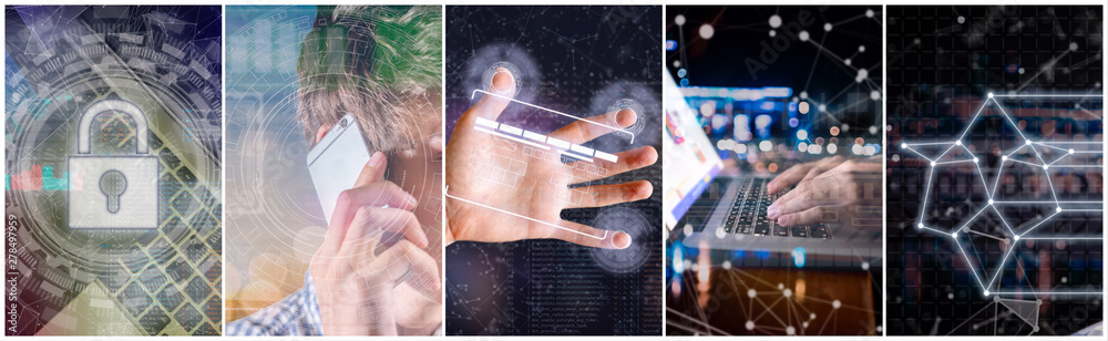collage of five photos of modern new smart technologies theme Stock ...