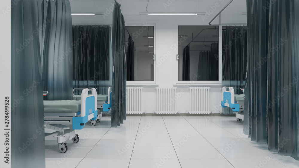 Illuminated Hospital Ward in Nighttime with Medical Beds Behind ...