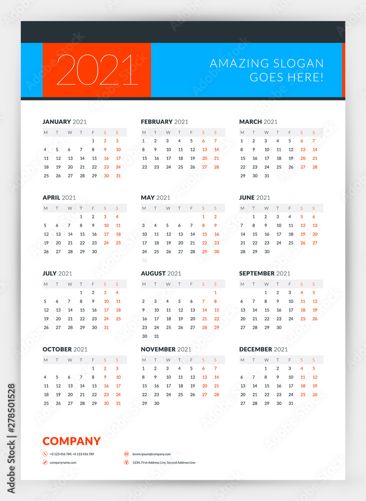 Calendar for 2021 year. Week starts on Monday. Printable vector ...