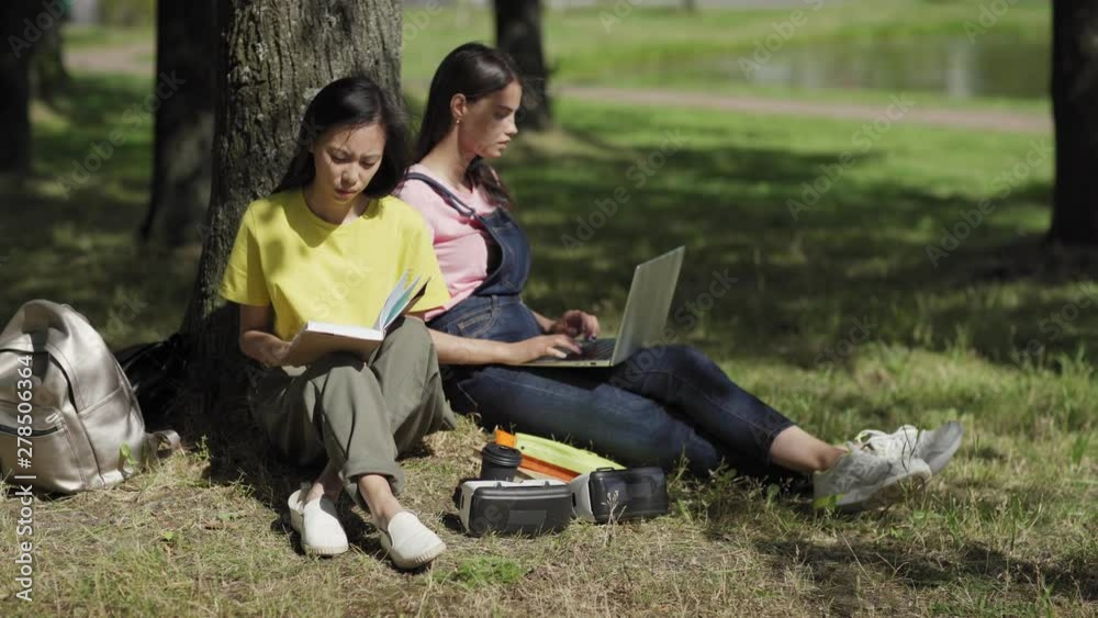 Two diverse college students sitting in shade under tree leaning on ...