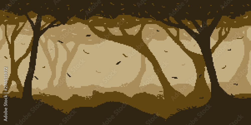 Autumn spooky night forest - horizontal seamless pixelated backdrop for ...