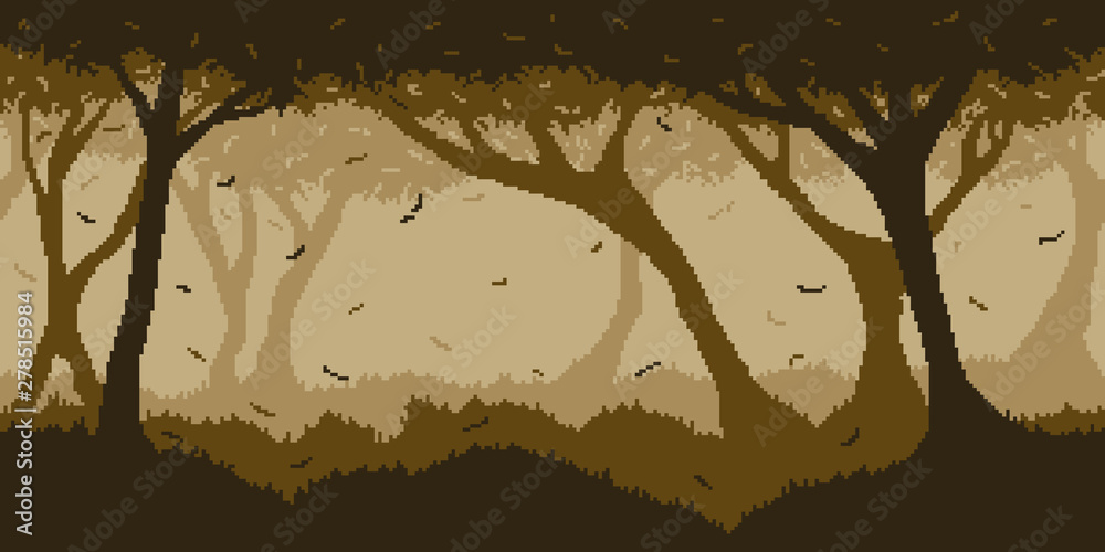Autumn Spooky Night Forest Horizontal Seamless Pixelated Backdrop For
