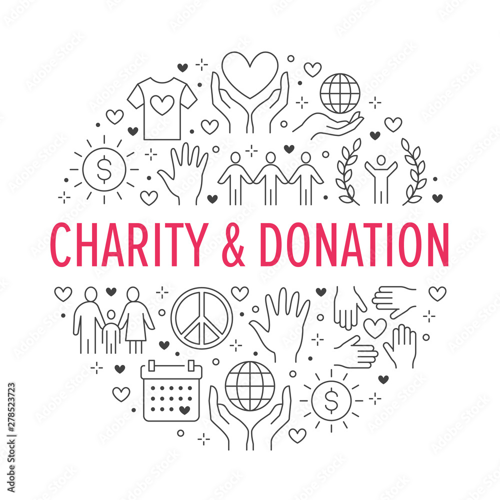 Charity vector circle banner with flat line icons. Donation, nonprofit ...