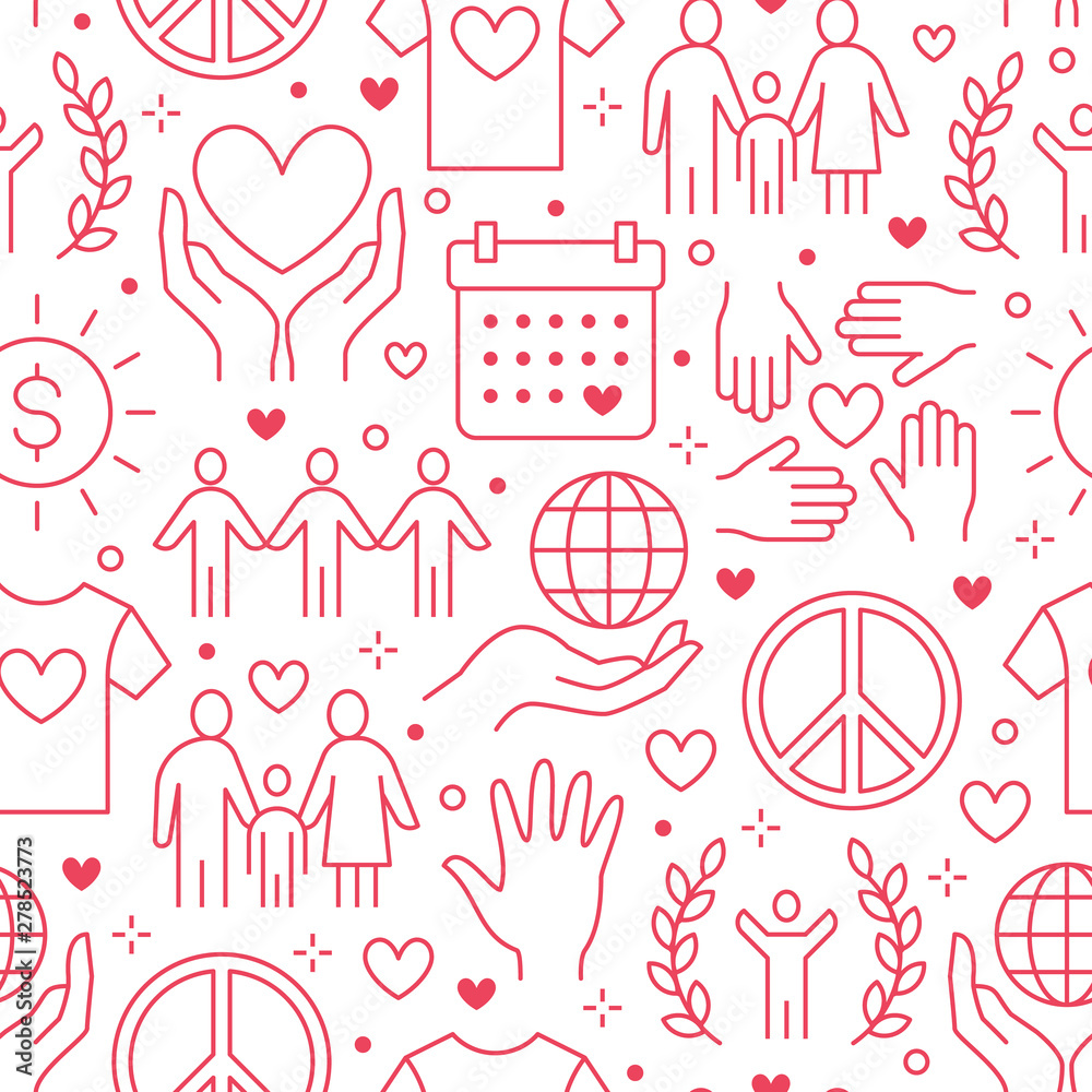 Charity vector seamless pattern with flat line icons. Donation ...