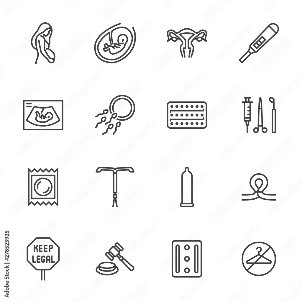 Obstetrics clinic flat line icons set. Abortion protest, baby ...