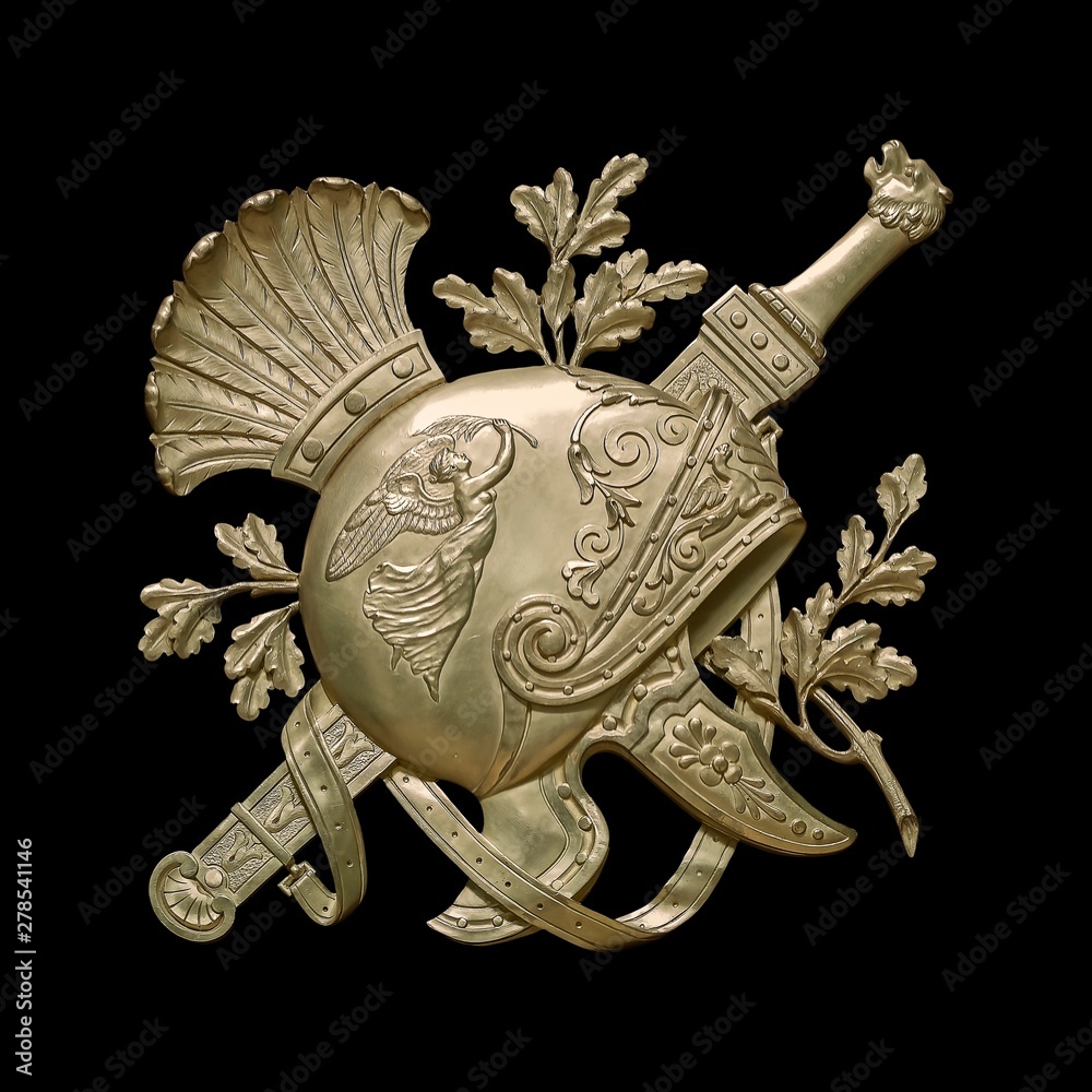 Golden decorative element of the interior with the image of the helmet ...