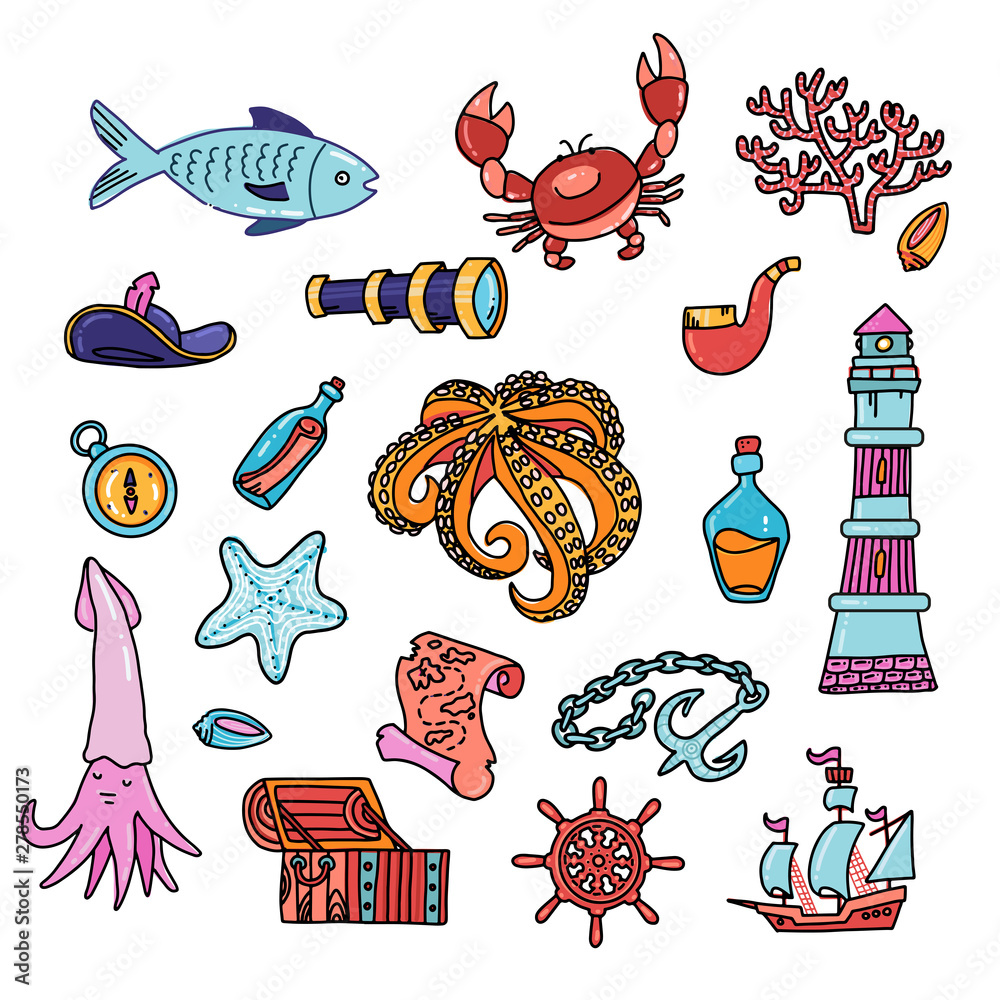 Adventure symbols set vector illustration. Treasure chest anchor ...