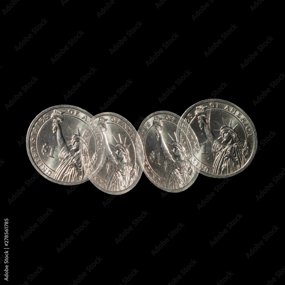 Spinning coin in stroboscopic light on a dark background. One dollar ...