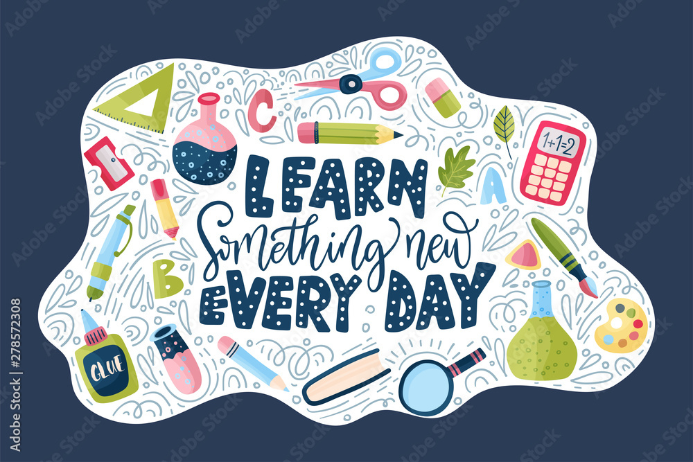 Vector school card with flat and doodle illustrations and hand drawn ...