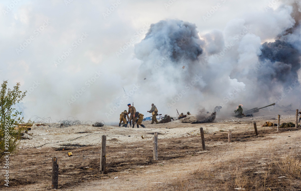Explosions of bombs and shells. Reconstruction of the battle of world ...