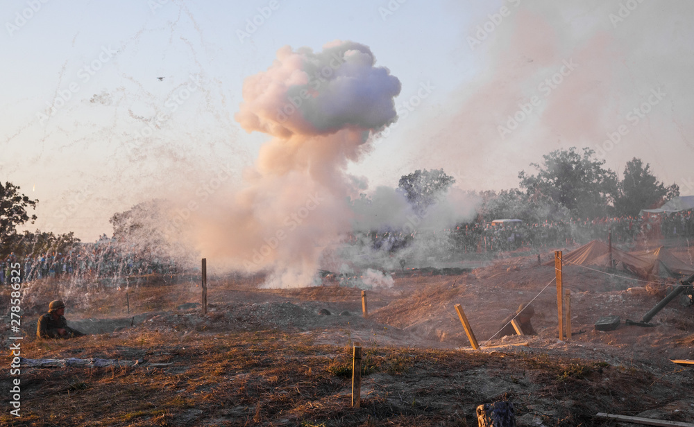 Explosions of bombs and shells. Reconstruction of the battle of world ...
