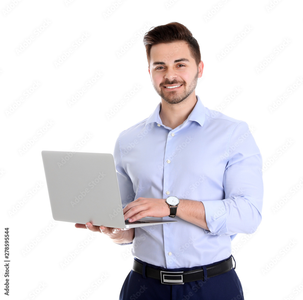 Young man with laptop on white background Stock Photo | Adobe Stock