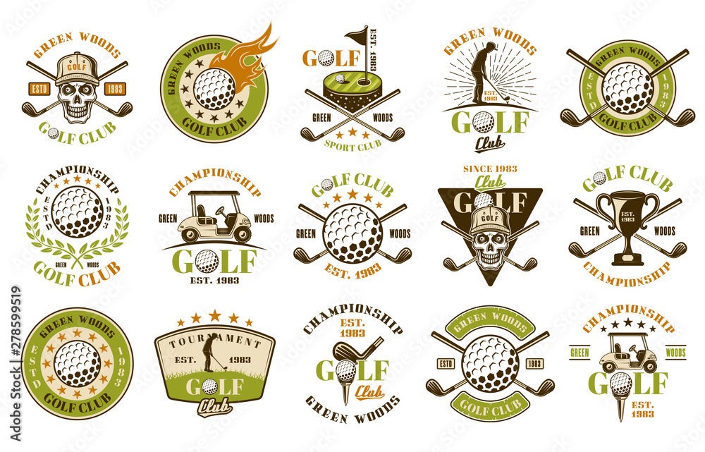 Golf big set of fifteen colored vector emblems Stock Vector | Adobe Stock