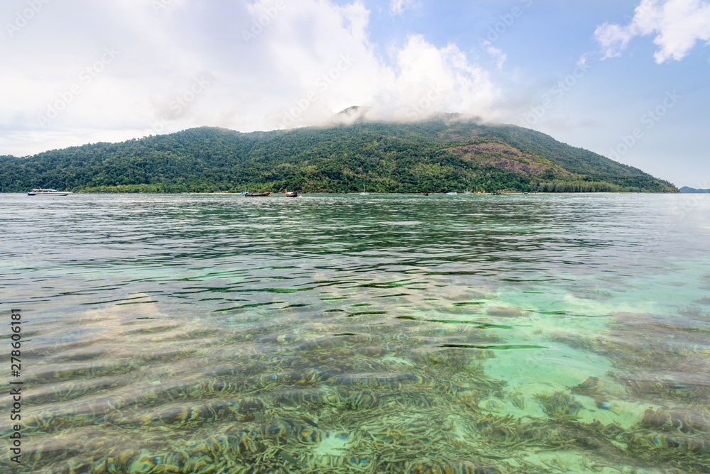 Beautiful nature landscape clear green sea water overlook the shallow ...