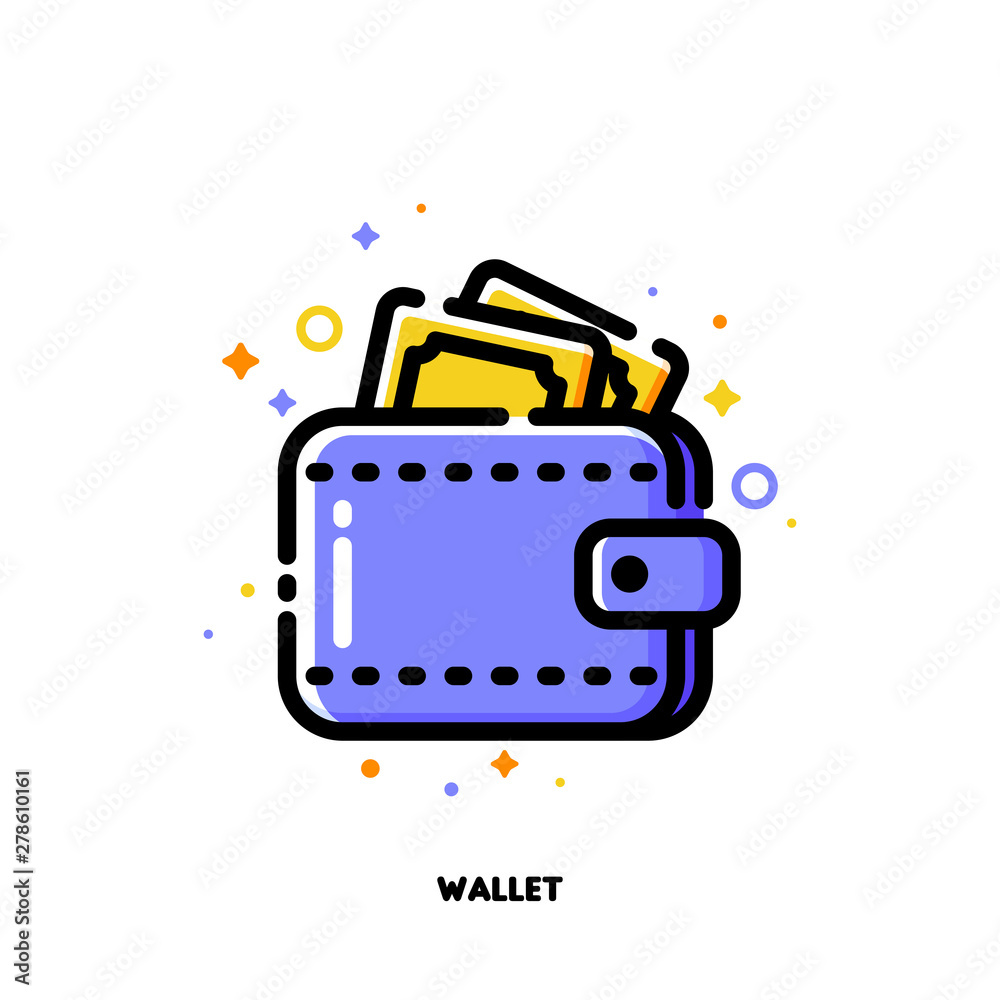 Icon of wallet with banknotes for shopping and retail concept. Flat ...