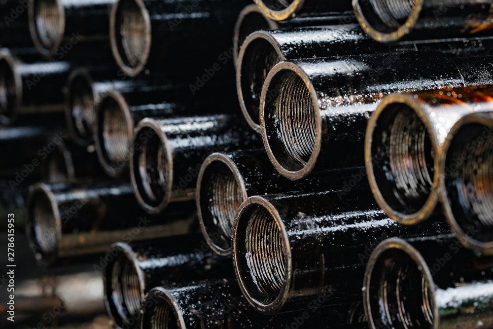 Drillpipe on Oil Rig Pipe Deck. Oil and gas industry. Work of oil pump ...