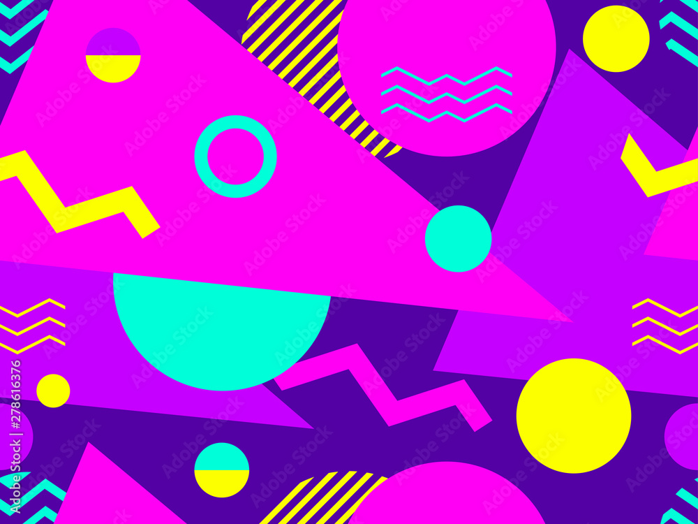 Geometric seamless pattern style of the 80s. Triangles, circles and ...