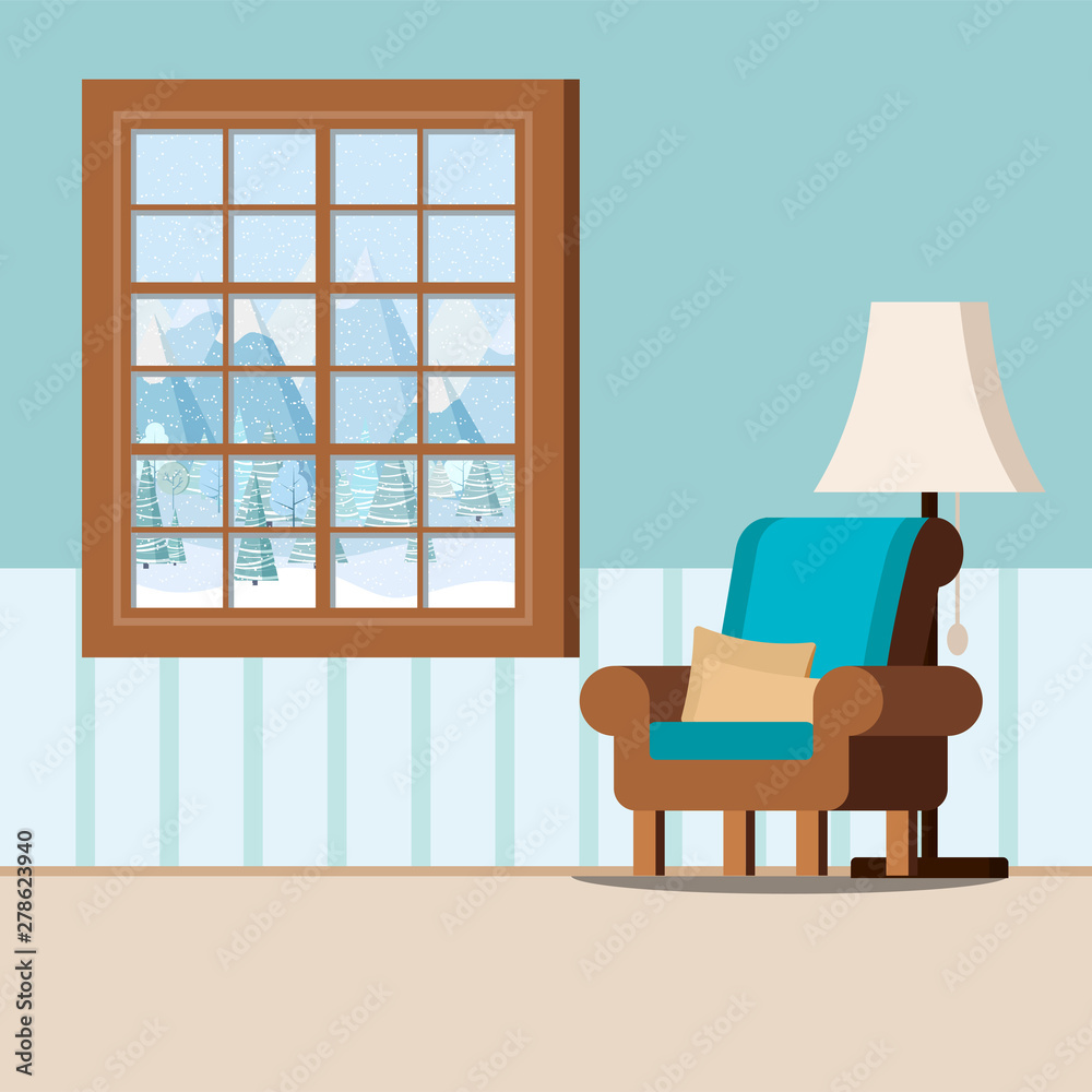 Cozy interior with wooden room window frame, armchair, lamp, pillows in ...