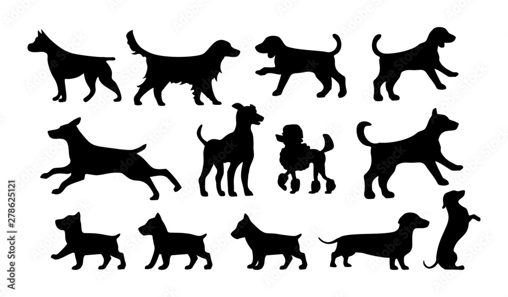 Set walking and standing dog silhouette. Vector black icon Stock Vector ...