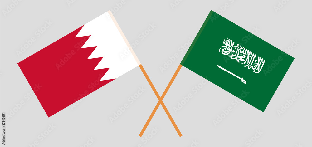 Bahrain and the Kingdom of Saudi Arabia. Crossed Bahraini and KSA flags ...