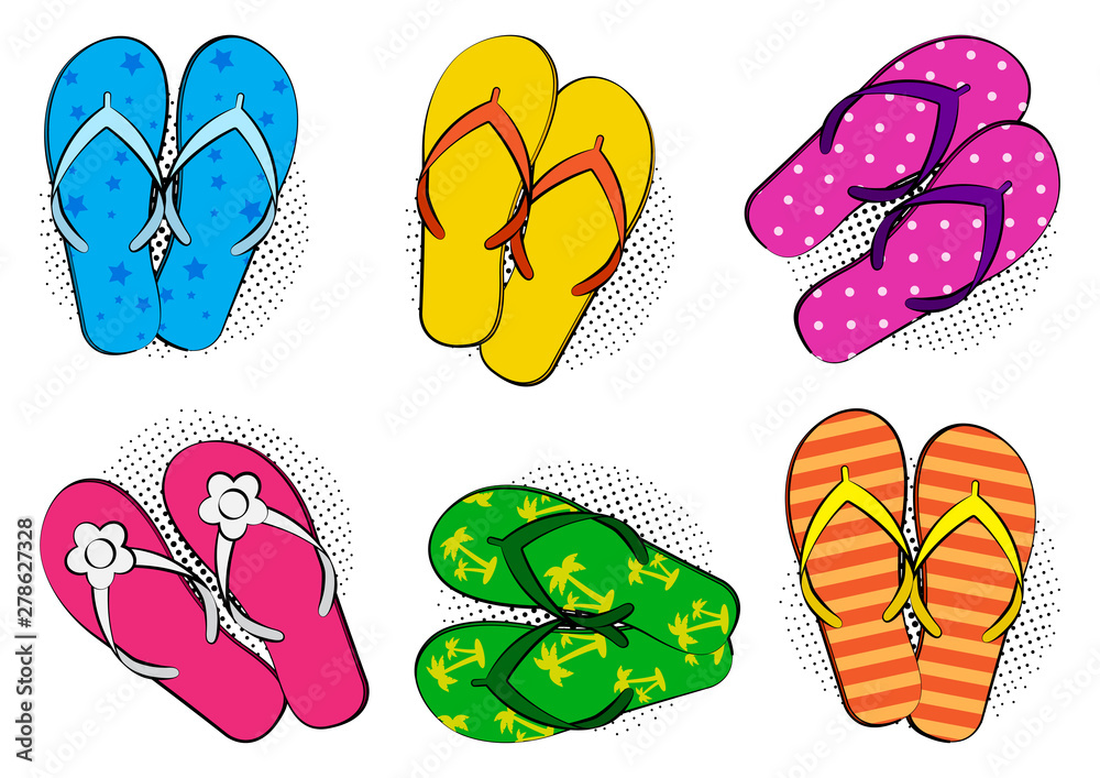 Set of summer colorful comic flip flop with halftone shadow in pop art style. Vector ...
