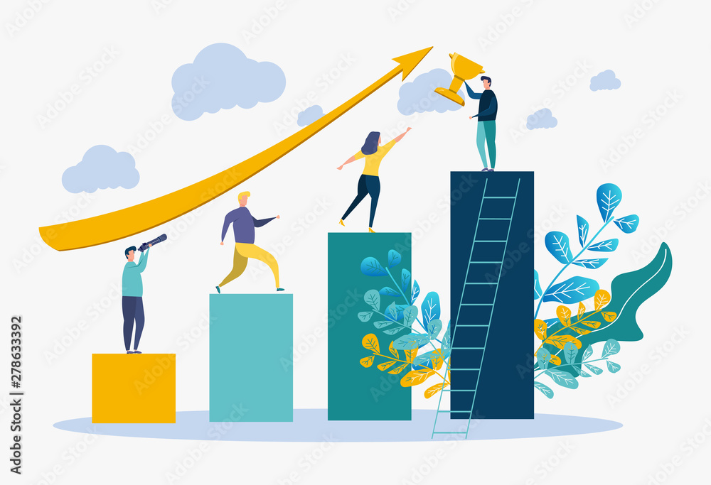 Colorful Vector Illustration People Run To Their Goal Move Up By