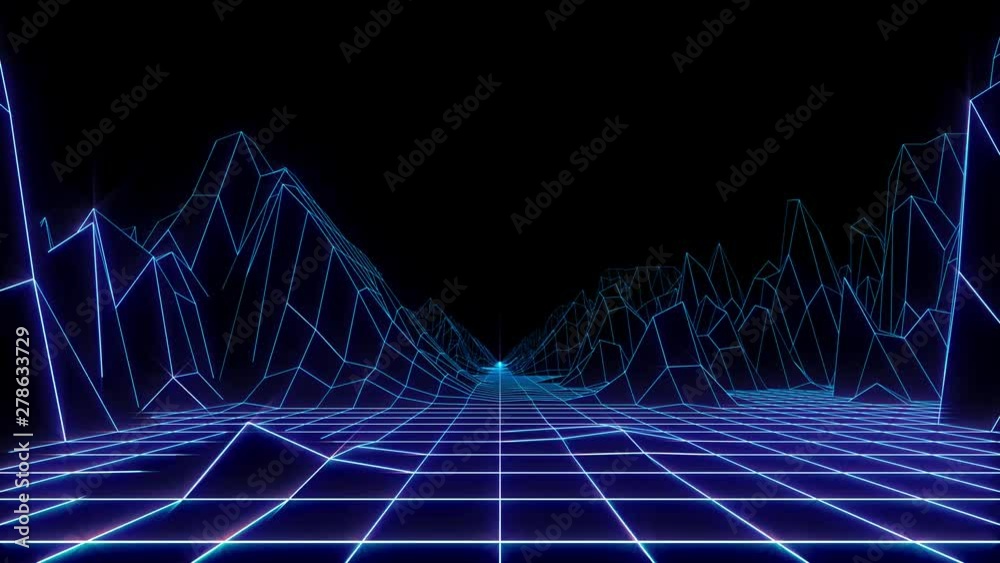 80s retro computer low poly landscape. Neon light grid loop animation ...