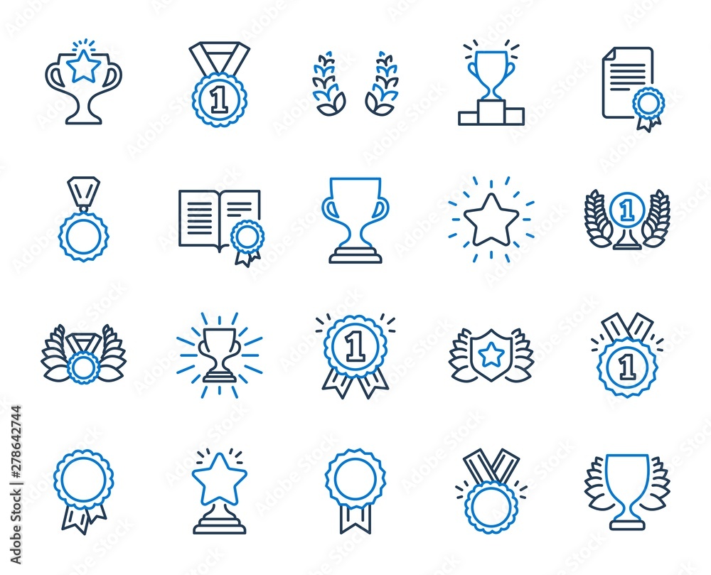Award line icons. Set of Winner medal, Victory cup and Laurel wreath ...