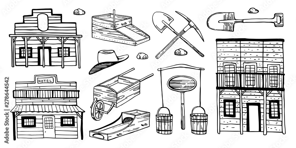 America Old West houses and mining objects set. Hand drawn outline ...