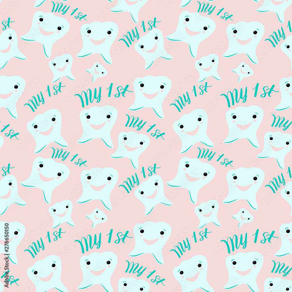 Seamless pattern of "My first tooth". Hand drawn mint teeth icon on ...