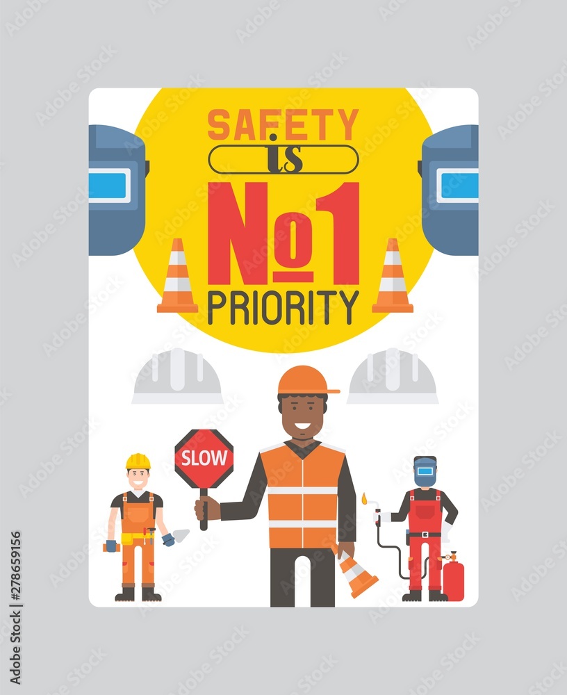 Workmen builders and engineers with tools or equipment poster vector ...