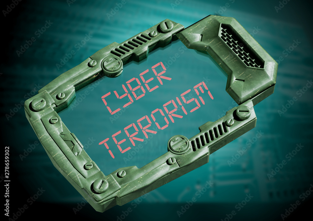 Cyber terrorism Concept. Futuristic sci-fi communicator with ...