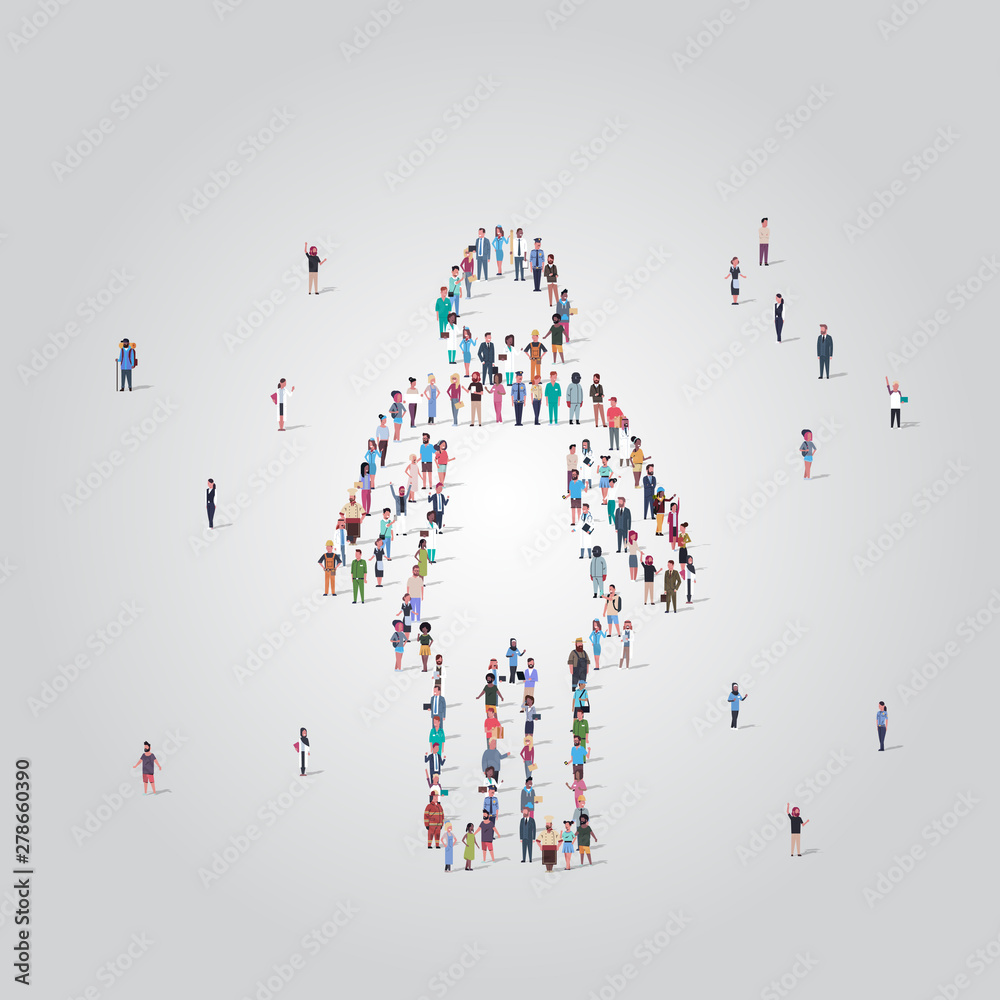 people crowd gathering in female icon shape social media community ...