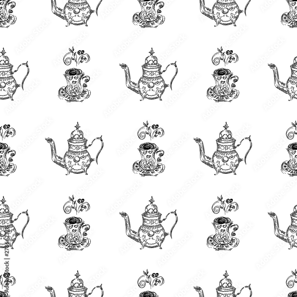 Seamless pattern of teapots and teacups isolated on white background ...