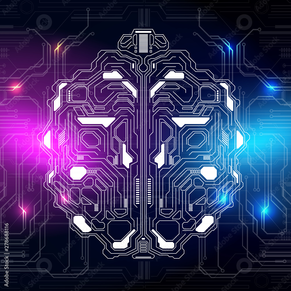 Brain Futuristic Element Circuit Board With Encoder And Decoder Binary Code Vector Background