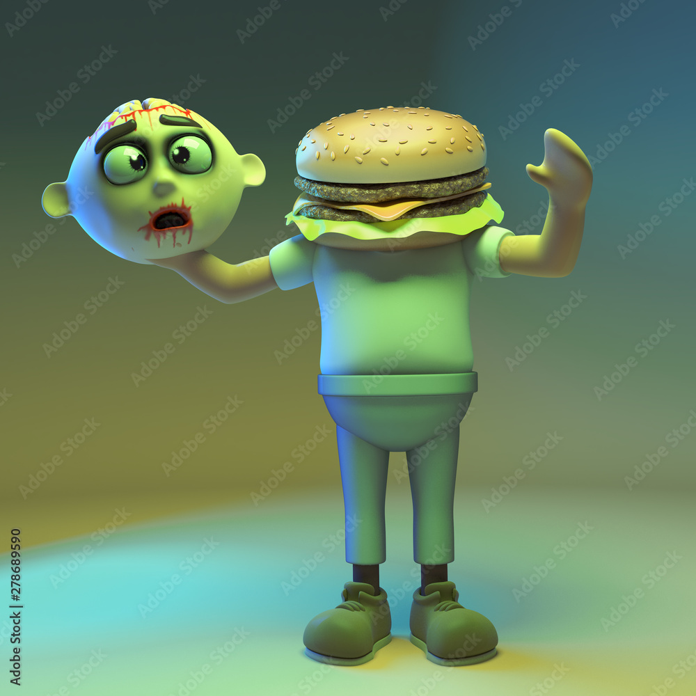 Funny cartoon 3d zombie monster has swapped his head for a cheeseburger ...