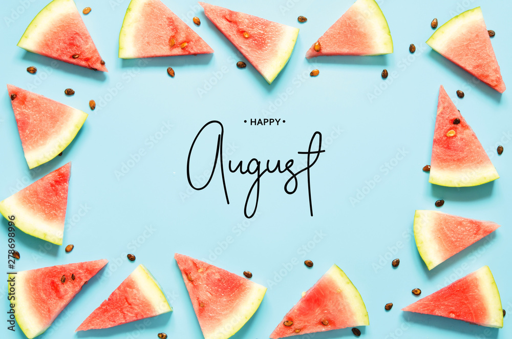 Inscription Happy August. Fresh red watermelon slice Isolated light ...