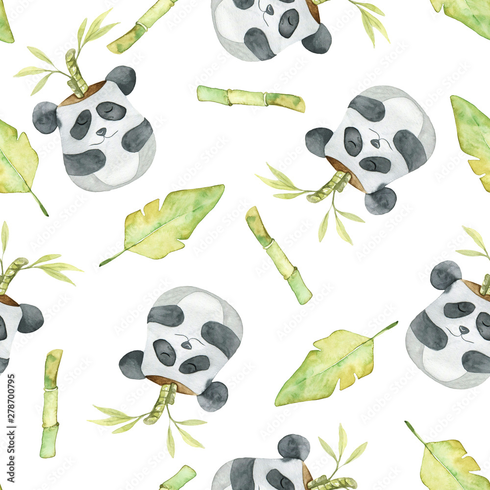 Cute seamless pattern with pandas, leaves and bamboo. Watercolor ...