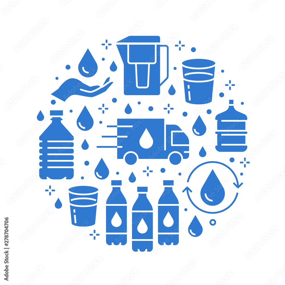 Pure water vector circle banner with flat glyph icons. Aqua filter ...