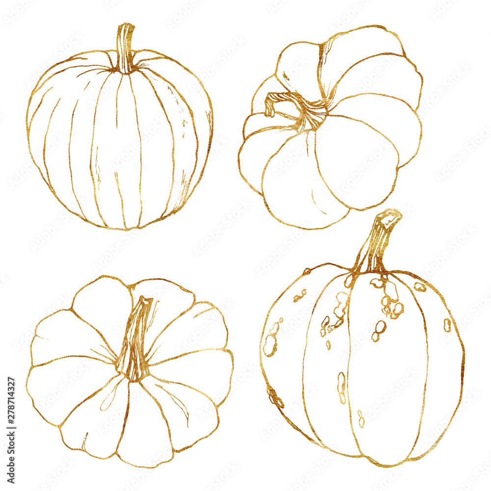 Line art golden set for autumn festival. Hand painted traditional ...