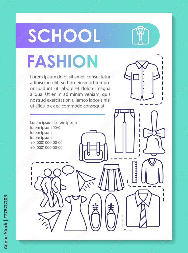 School children fashion brochure template layout. Buying uniform. Flyer ...