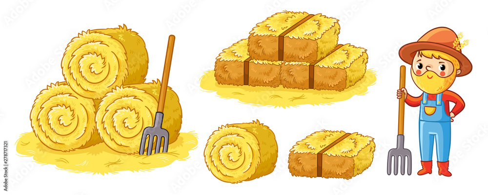 Vector farm set with hay and farmer on an agricultural theme in cartoon ...