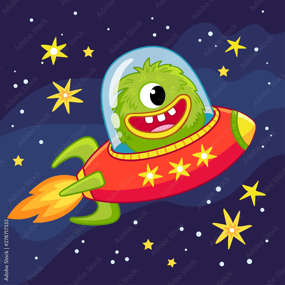 Alien monster flying in a spaceship. Vector illustration in cartoon ...
