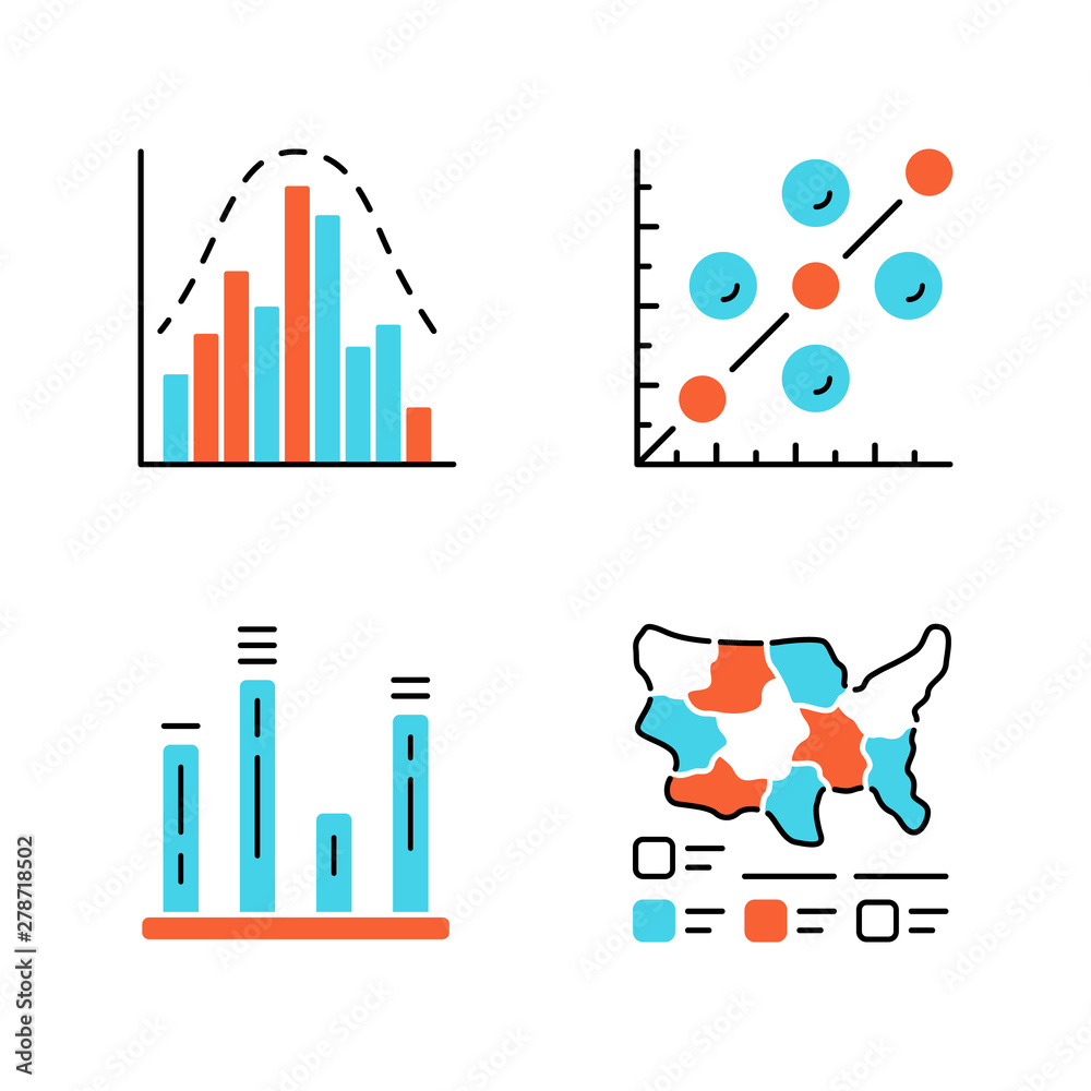 Diagram color icons set. Histogram, bar graph, scatter plot, cartogram. Statistics data ...