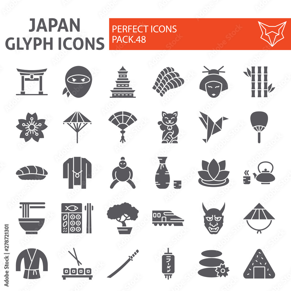 Japan glyph icon set, japanese food symbols collection, vector sketches ...