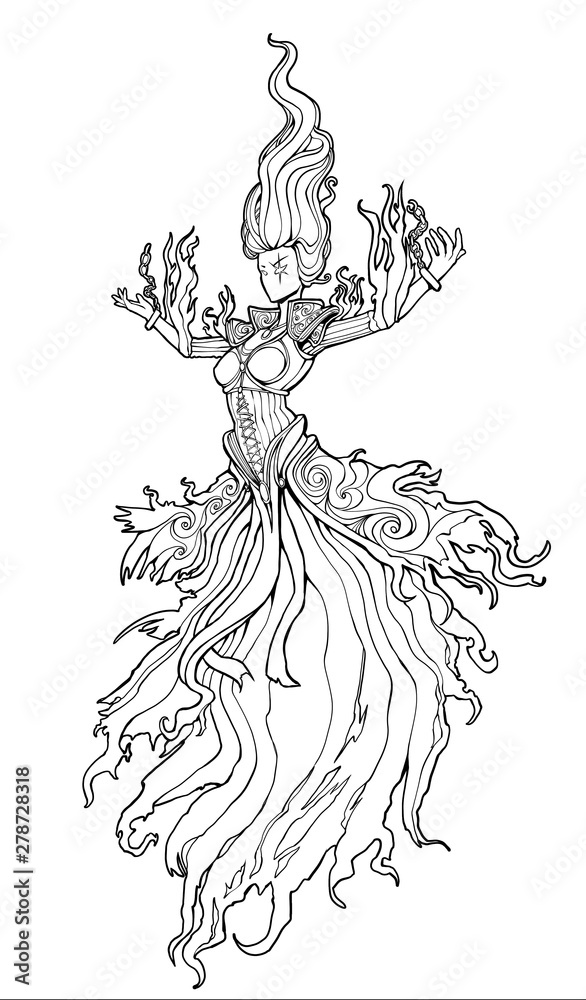 A linear drawing of a Ghost woman in a torn dress hovers in the air ...