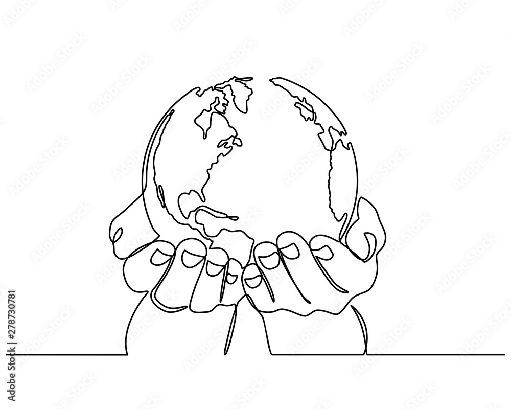 Continuous line drawing of hands holding Earth globe. Vector ...