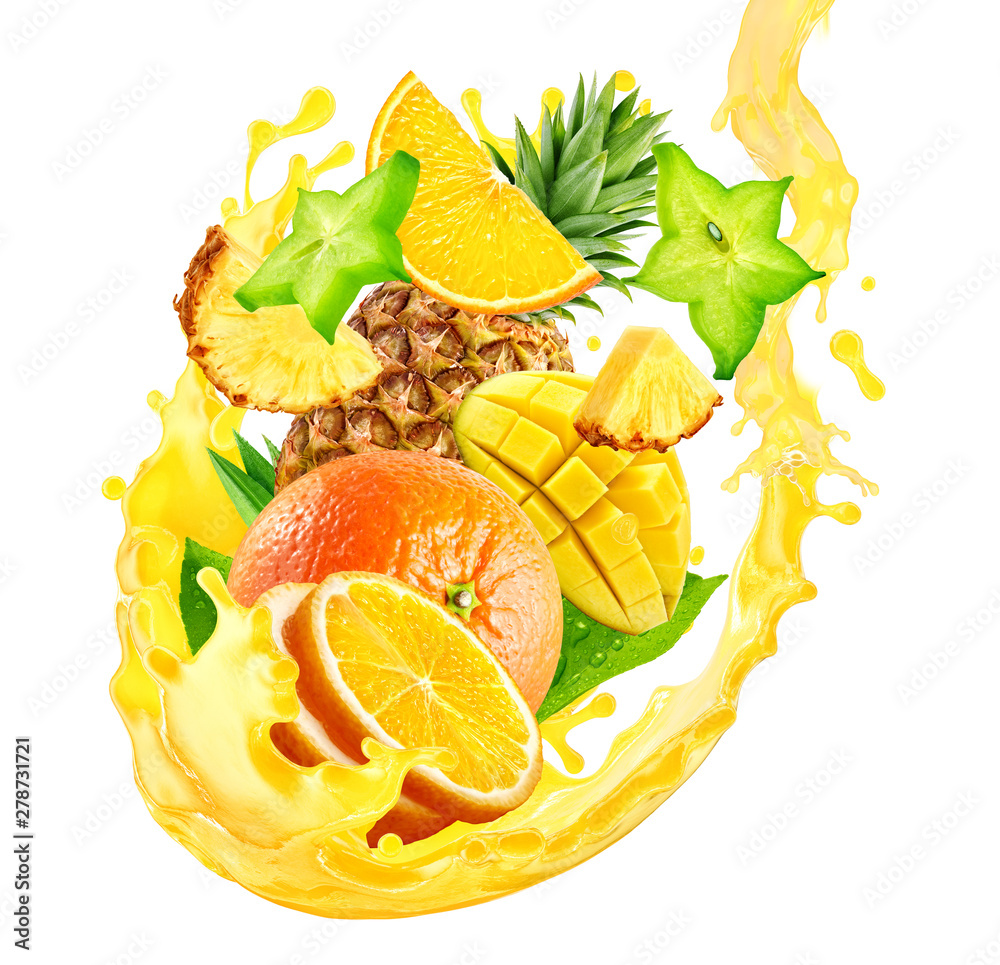 Orange, pineapple, mango fruit juices liquid 3D splash mix. Healthy ...