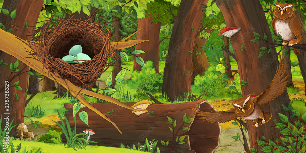 cartoon summer scene with deep forest and birds owls and some other ...