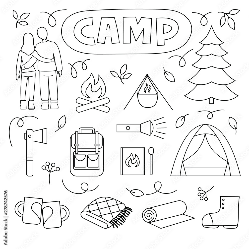 Set of 13 objects on the theme of camping.Man and woman, fire,matches ...